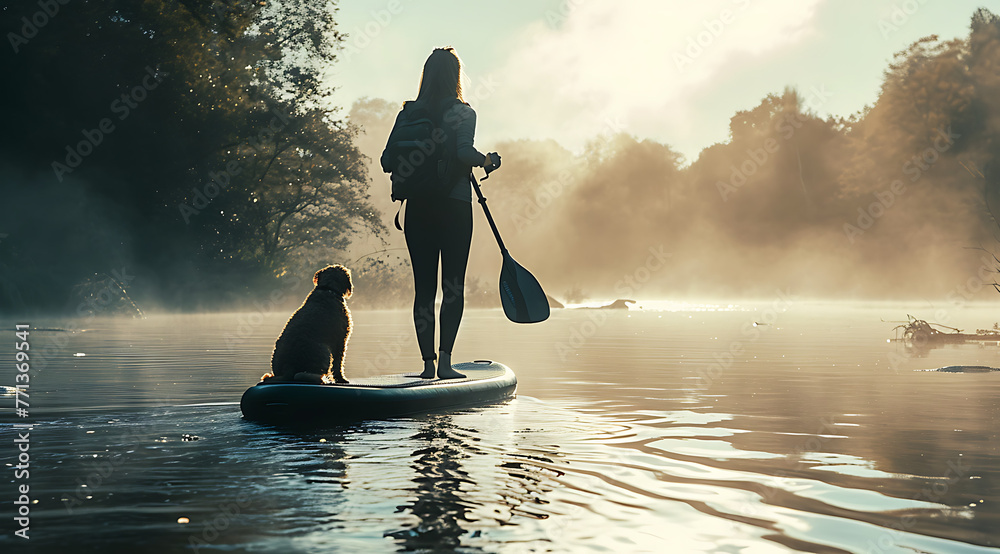 women paddleboard with her dog in the river in the st af8e9f23-3e2e ...