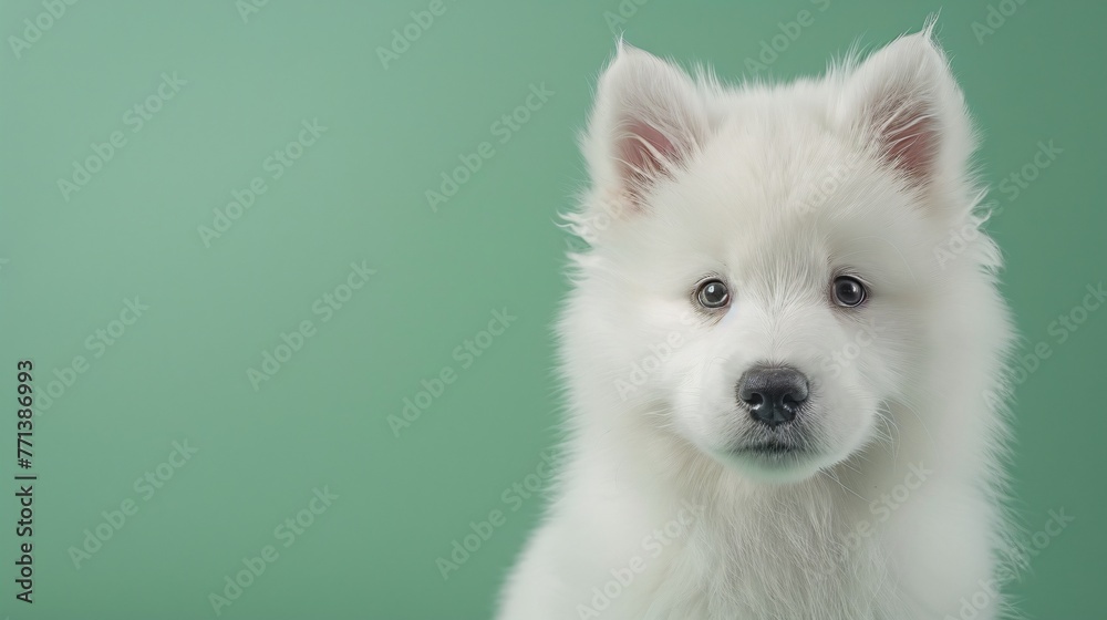 close-up of a cute samoyed puppy on a green background, gazing directly ...