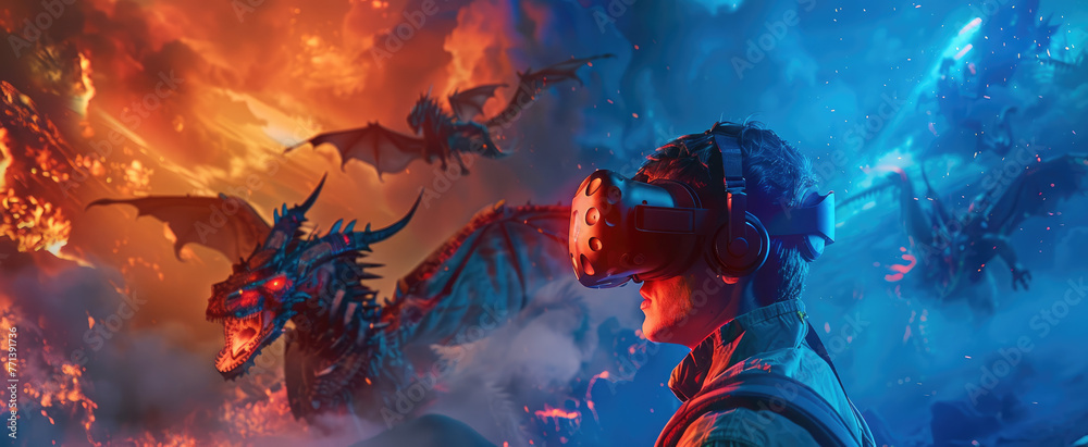 Virtual reality concept. Model young man in glasses of virtual reality on background with ...