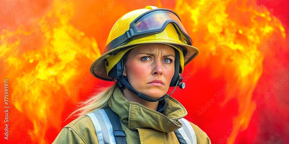 Female firefighter isolated in full bunker gear after a fire. closeup ...