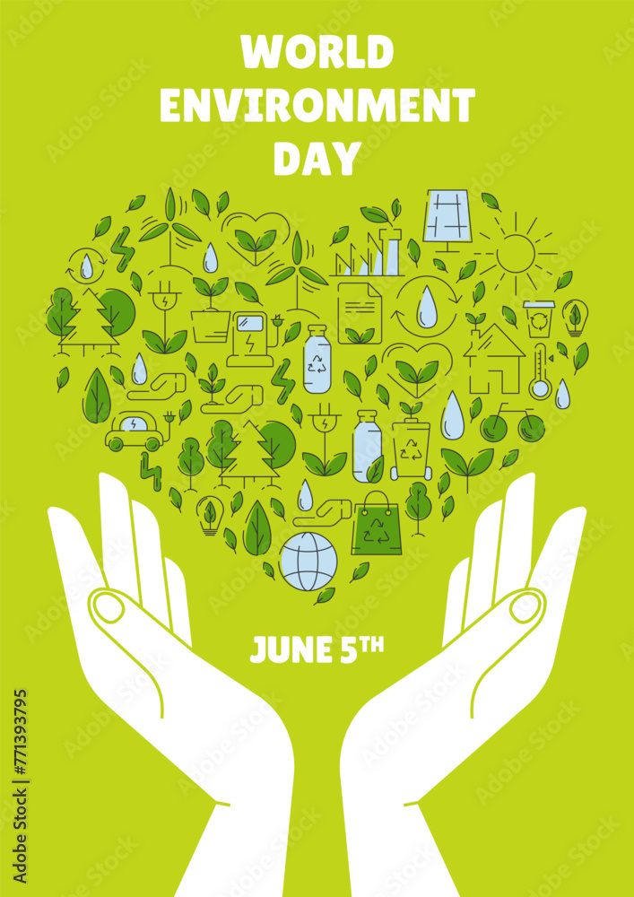 World Environment Day poster, eco friendly heart with ecological icons ...