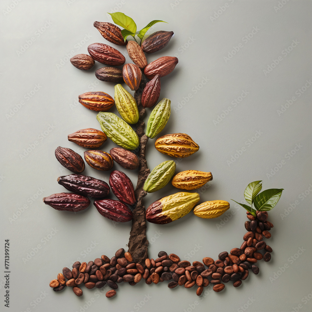 cacao seeds form a vibrant cacao tree against a simple backdrop ...