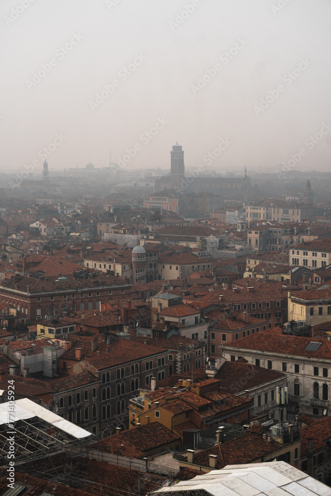Misty morning from Campanile di San Marco, iconic Palazzo Contarini del ...