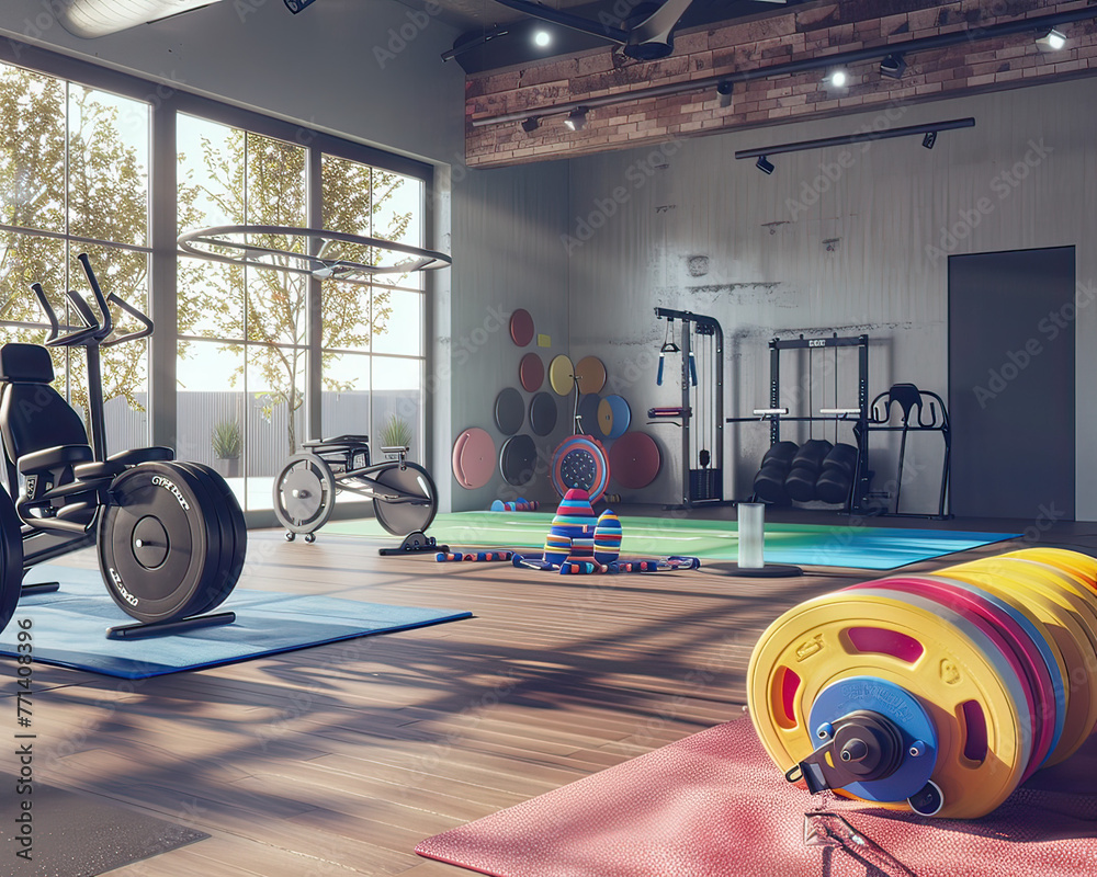 Gym scene with adaptive equipment for all ages, 3D render, inclusivity ...