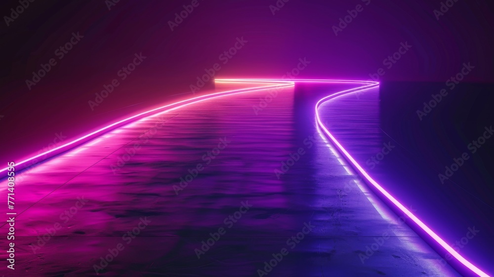 Curved pathway under a neon light tunnel - A curvaceous path ...
