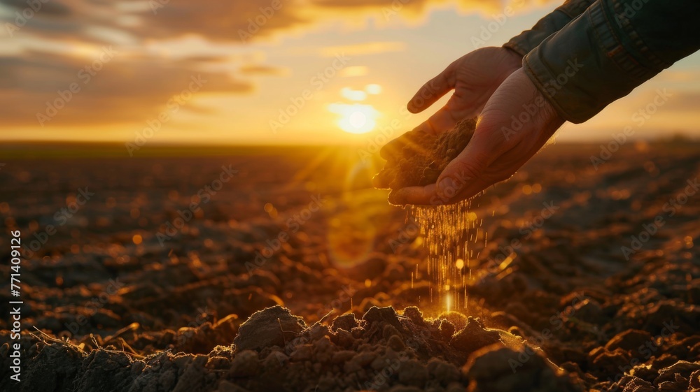 Hand pouring soil at sunset in field - Close-up of a hand letting soil ...