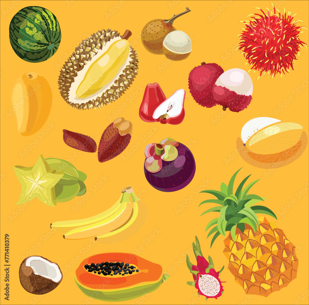 Vector set of painted all fruits on a orange background. Food icons ...