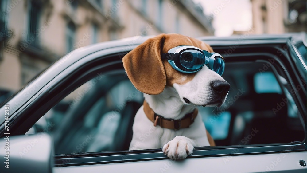 Generative AI. Vaporwave dog in Paris, wearing goggles, beagle, peeping ...