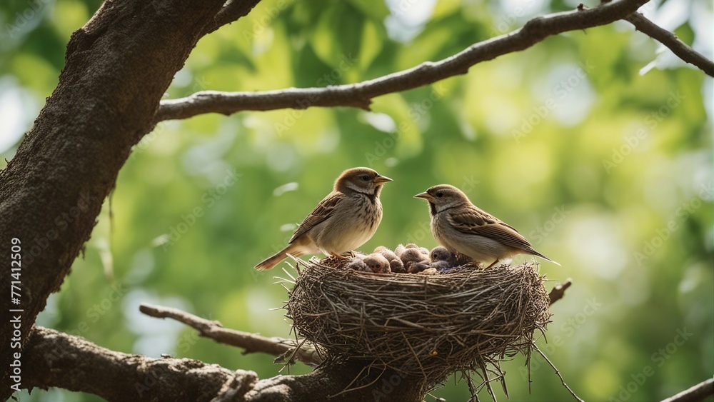 Generative AI. Beautiful family of sparrows. Adorable baby sparrow with their parents. Nature ...