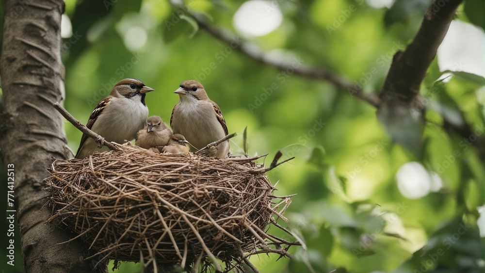 Generative AI. Beautiful family of sparrows. Adorable baby sparrow with ...