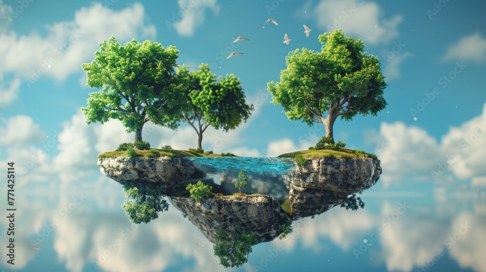 Floating islands with trees Lake river in the sky World Environment Day ...