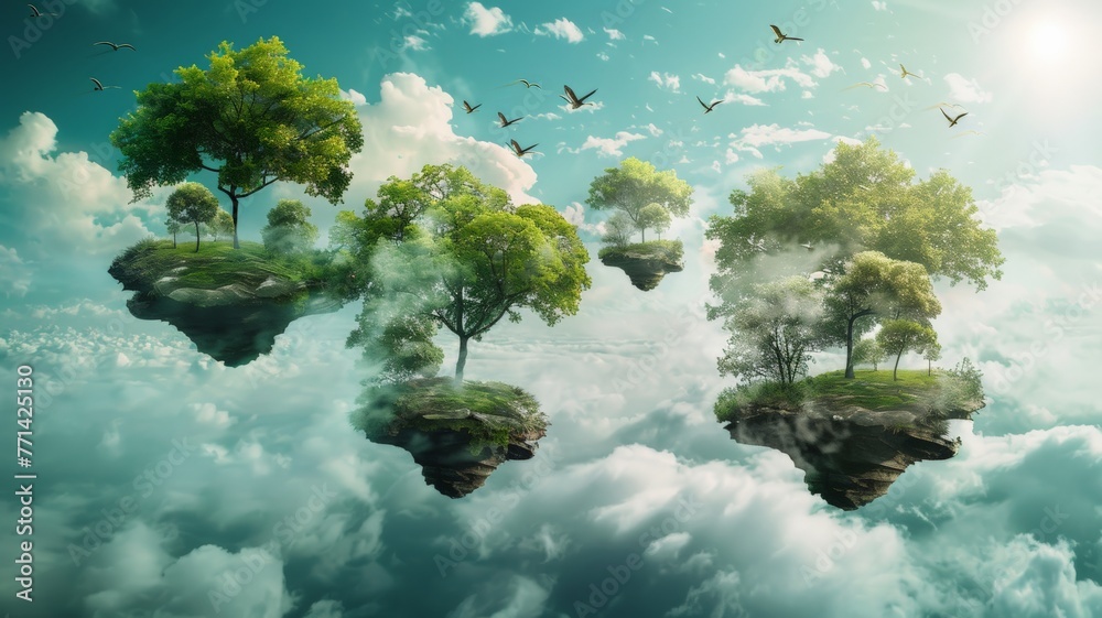Floating islands with trees Lake river in the sky World Environment Day ...