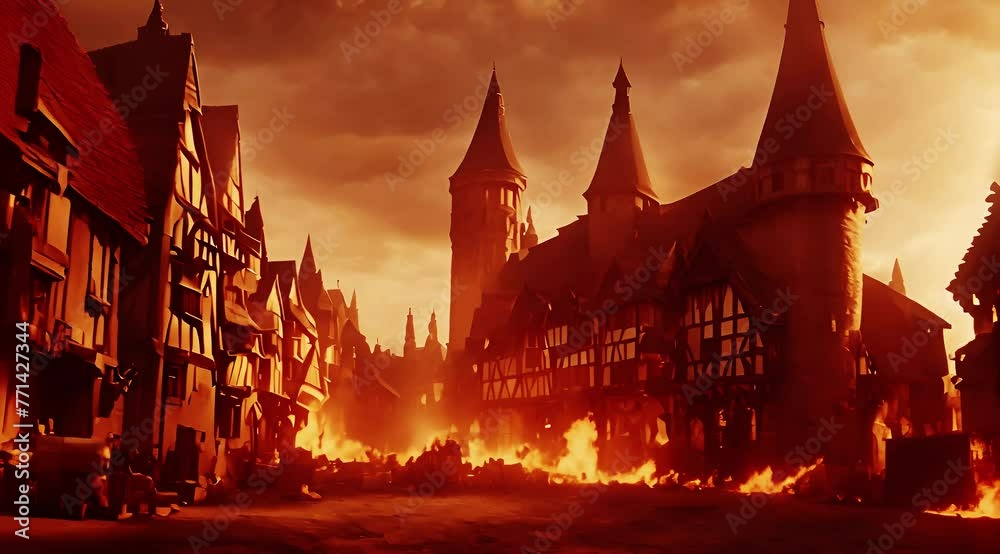A medieval town burning down in flames. Church on fire. Medieval castle city after a battle ...