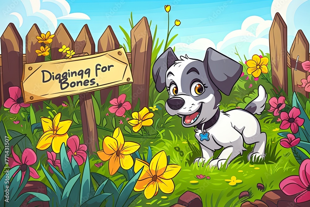 playful cartoon dog digging in a flower bed, its sign reading "Digging ...