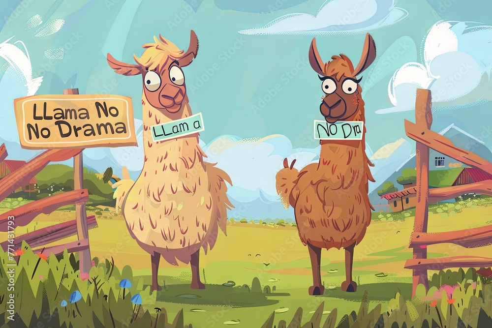pair of cartoon llamas standing proudly in a field, each sporting a big ...
