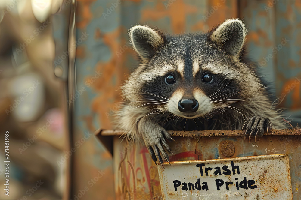 mischievous raccoon peeking out from behind a trash can, clutching a ...