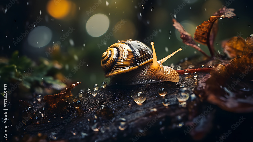 Snail journeying through a rainy forest scape. A close-up view of a ...