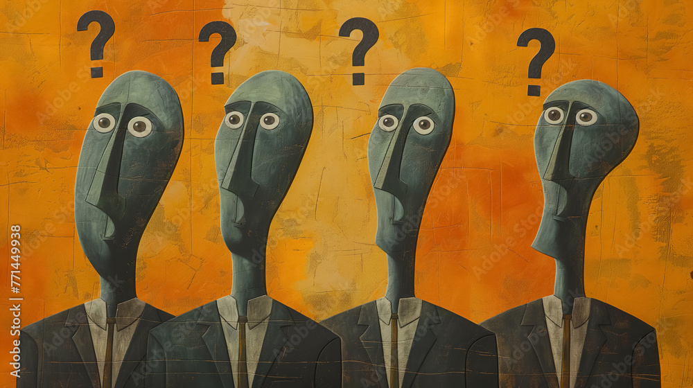 Surreal depiction of four figures in suits with question mark heads ...