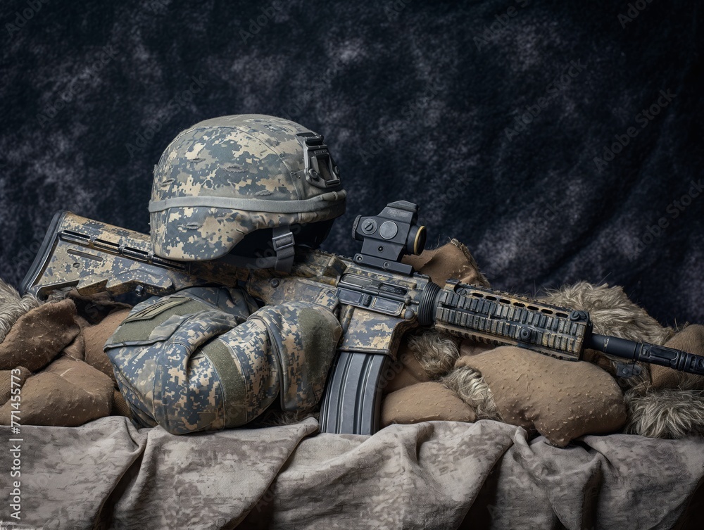 A soldier is laying on the ground with a rifle in his hand. The soldier ...