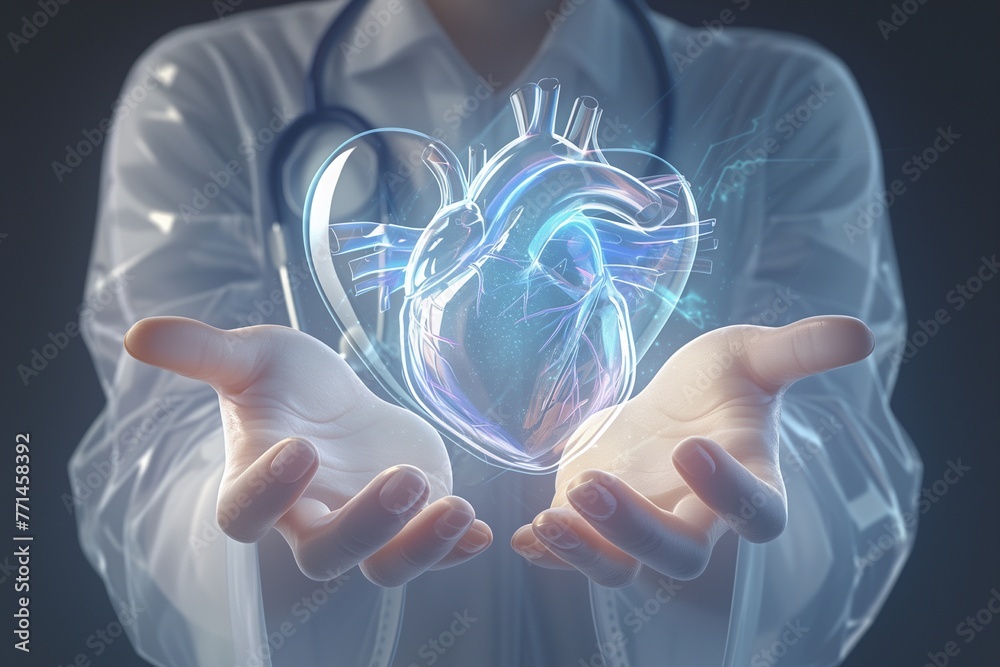 Medical doctor holding glowing virtual human heart in hands in cardio ...