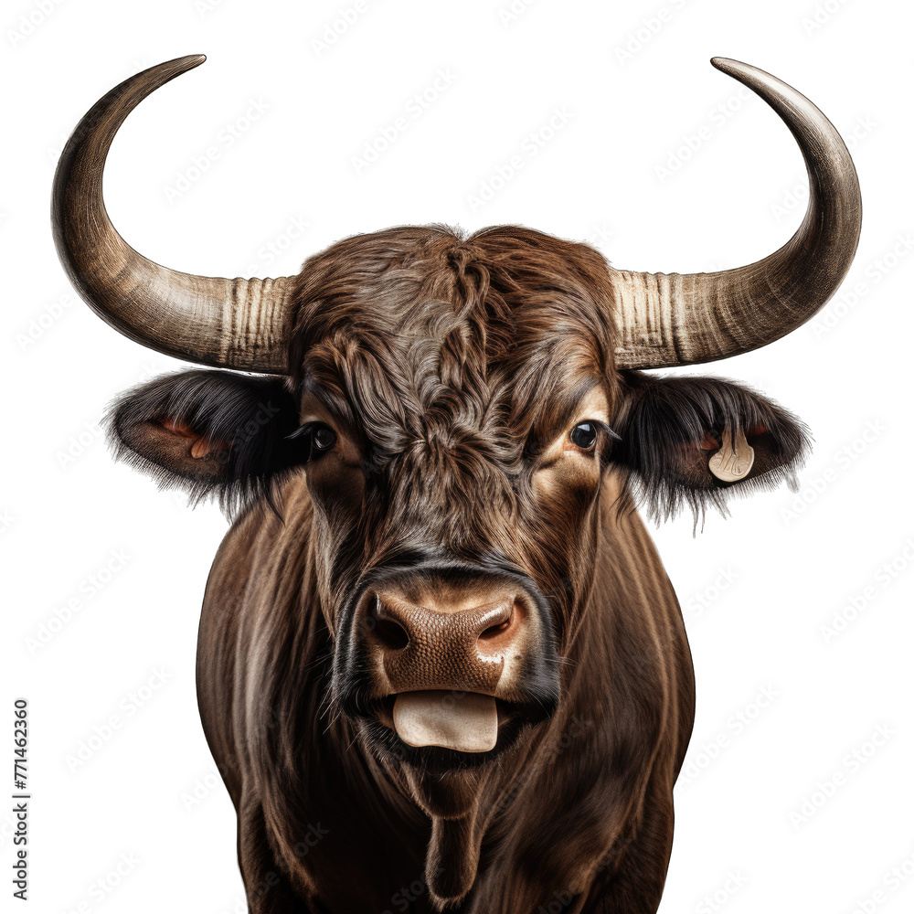 Strongest dark brown bull with muscles and long horns portrait looking ...