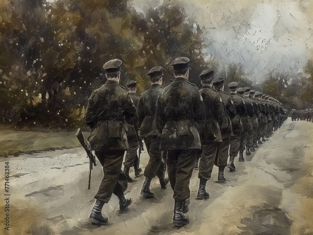 A group of soldiers march down a road. The soldiers are wearing ...