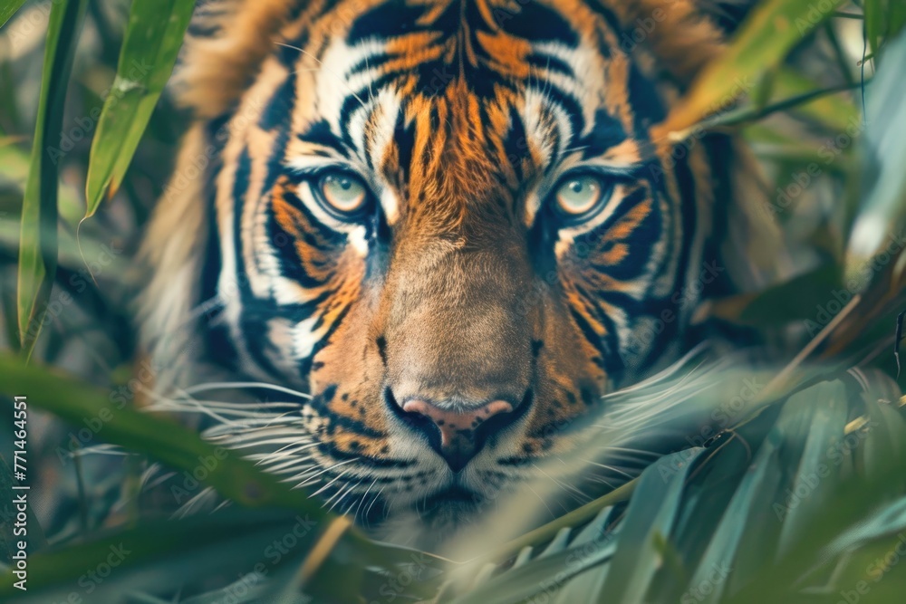 Intense close up of the piercing eyes of a wild tiger lurking in the ...