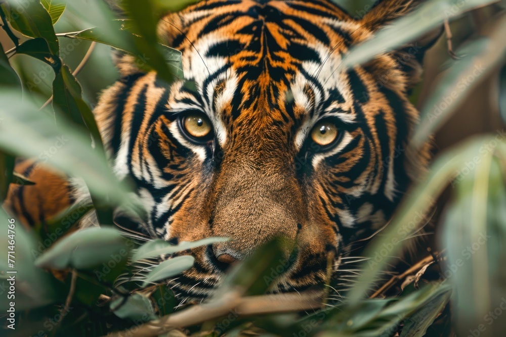 Intense close up of the piercing eyes of a wild tiger lurking in the ...