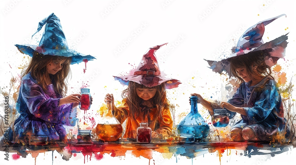 A witch teaching children to brew potions, in colorful watercolor ...