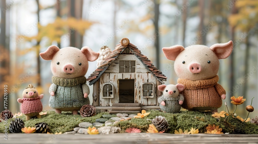 The Three Little Pigs building a house with children, a 3D render ...