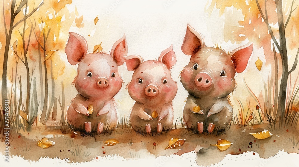 The Three Little Pigs building a house with children, a 3D render ...