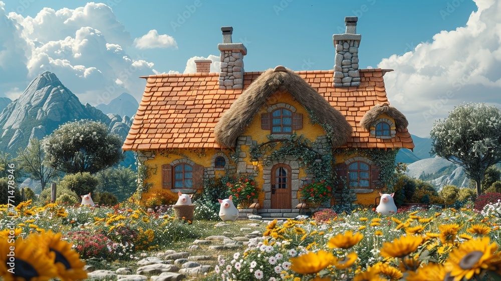 The Three Little Pigs building a house with children, a 3D render ...