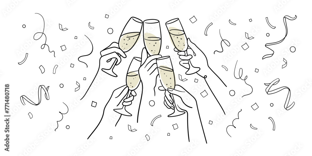 Continuous line champagne cheers one line art, continuous drawing ...