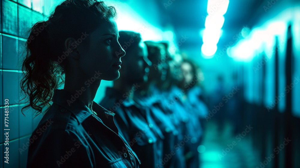 A lineup of suspects being presented to a witness for identification at ...
