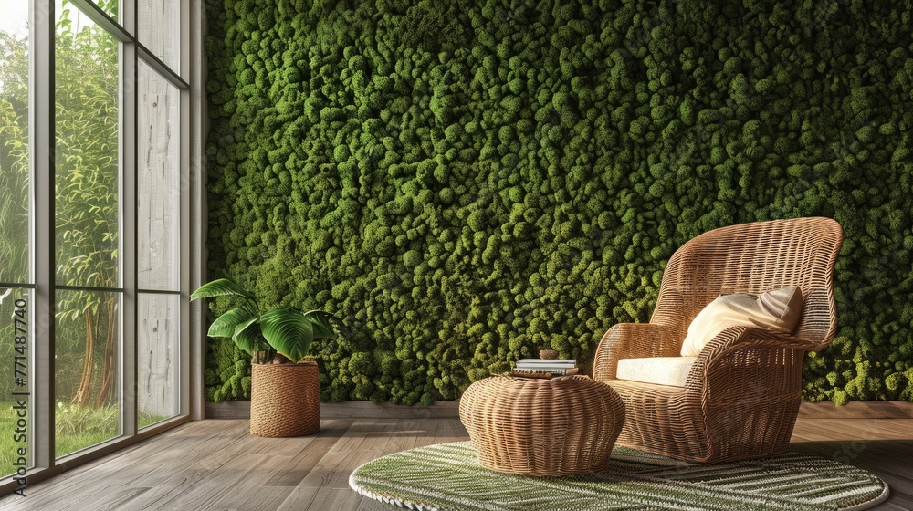 Scandinavian Moss Wall in Interior Living Room with Rattan Chair â€“ 3D ...