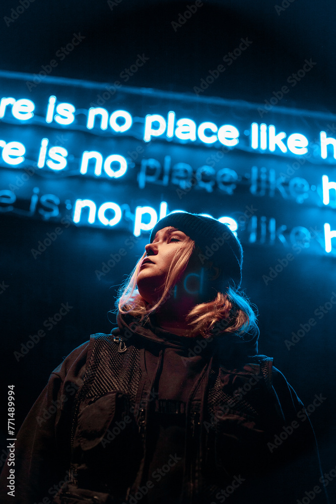 Edgy female model with black lipstick and dark make up posing in urban ...
