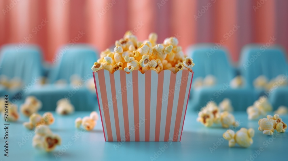 Striped popcorn bucket overflowing with kernels - A vibrant image ...