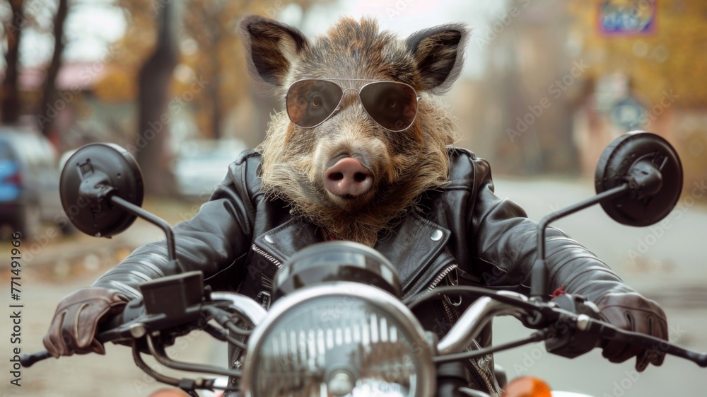 Stylized wild boar riding a motorcycle - Unique and humorous image ...