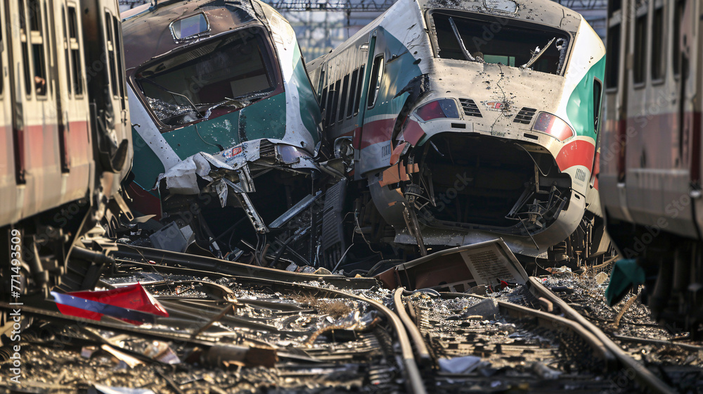 massive trains collided and derailed, with different parts of it ...