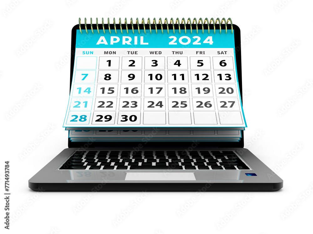 2024 year calendar. April calendar over laptop screen on a white ...