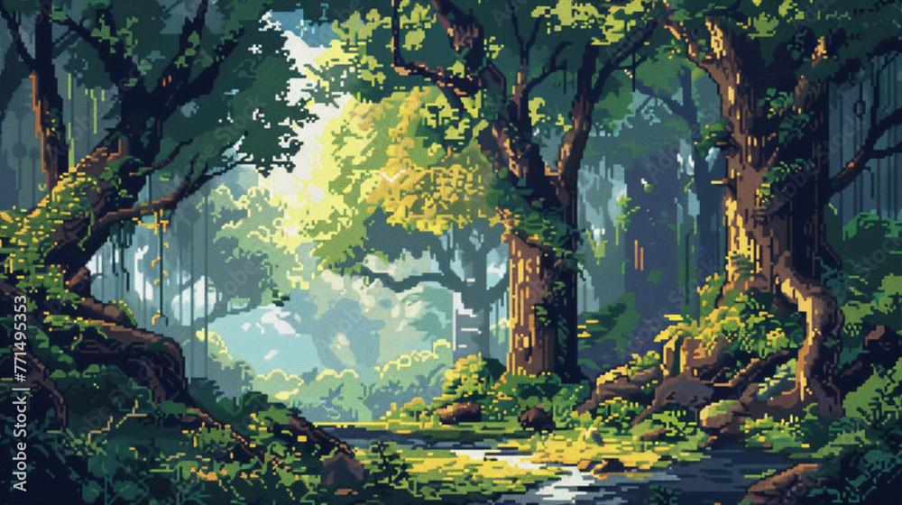 2d pixel art of forrest, natural warm light ,game concept art , 16 bit ...
