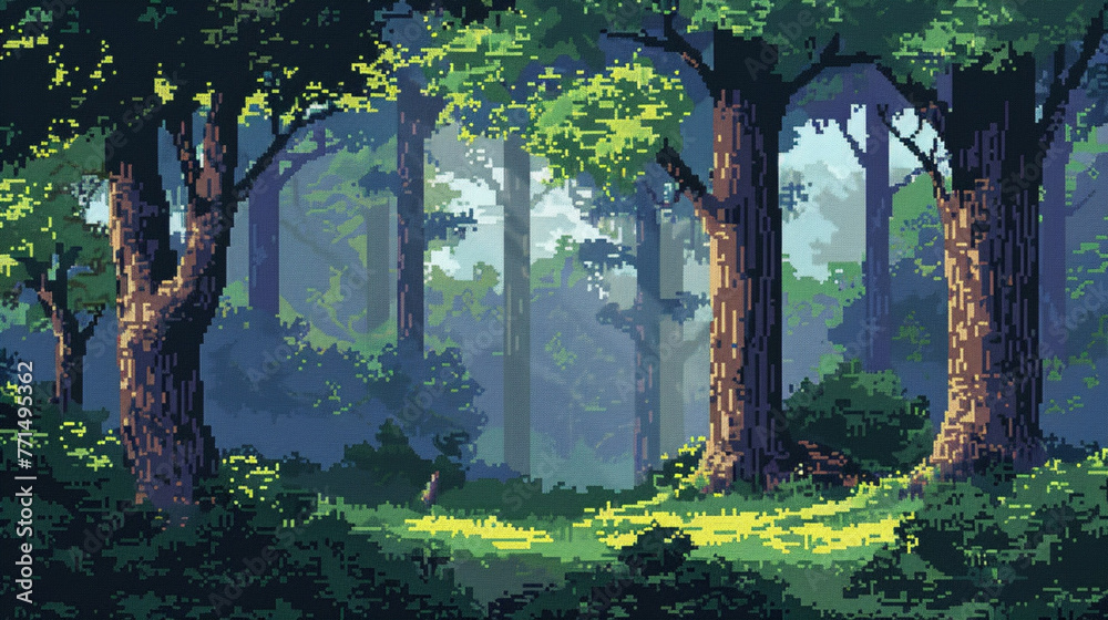 2d pixel art of forrest, natural warm light ,game concept art , 16 bit ...