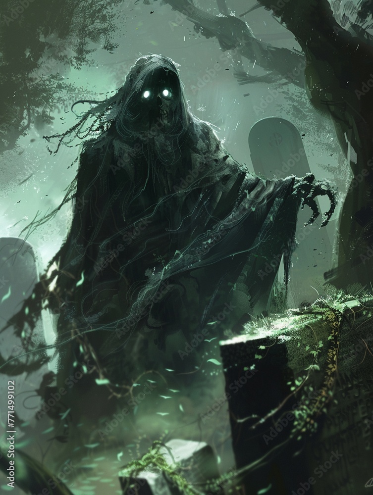 Cemetery Haunting Spirit A wispy apparition with glowing eyes and ...