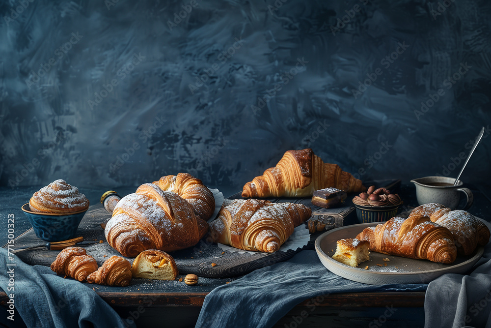 delicious baked goods, variety of danish, croissant, on a table in ...
