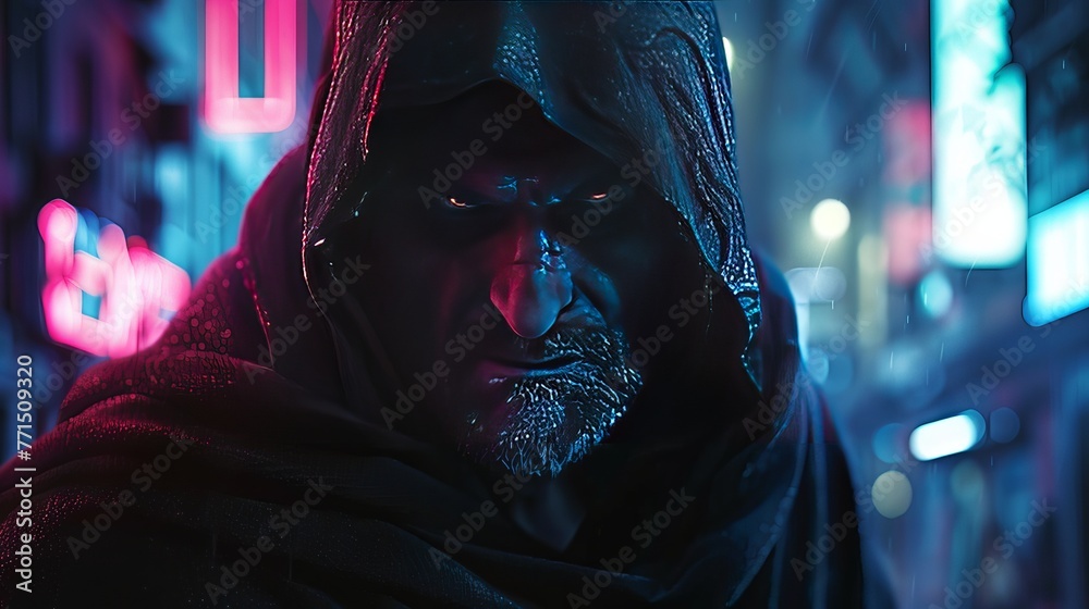 A fierce man with a determined gaze, wearing a black cloak with a hood ...