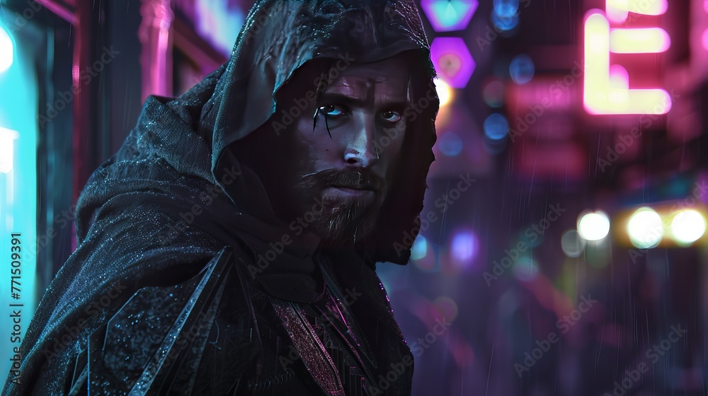 A fierce man with a determined gaze, wearing a black cloak with a hood ...