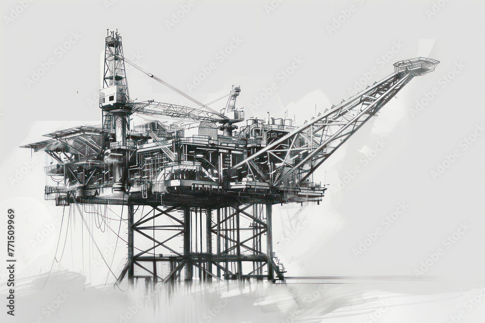 Detailed sketch of an offshore oil drilling platform, showcasing the ...
