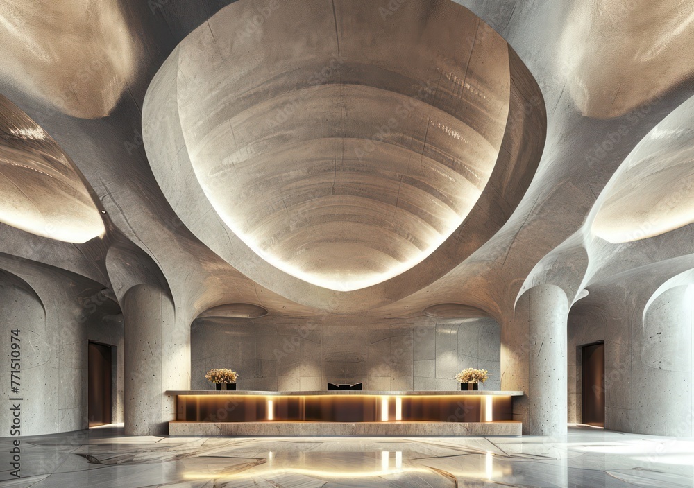 This architectural visualization showcases a modern lobby with high ...