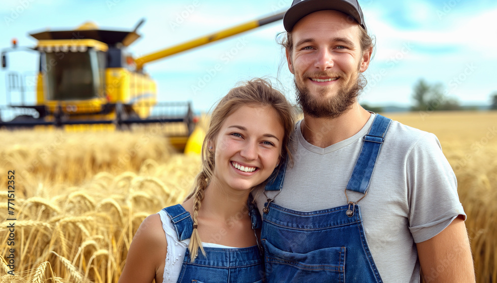 Farm family, older brother with his younger sister in wheat field on ...