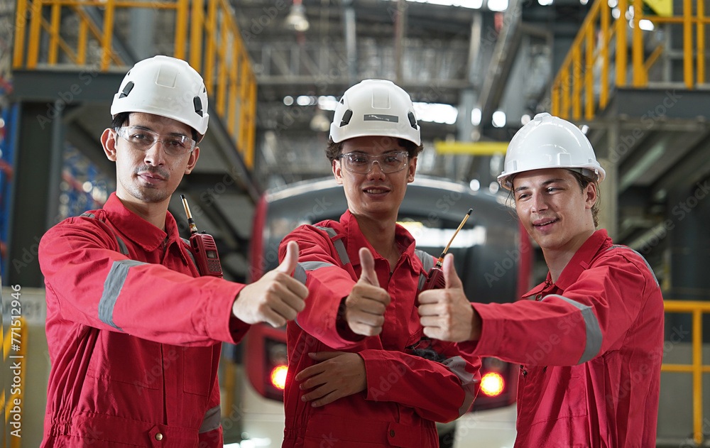 Group of three employees and electric train maintenance technicians ...